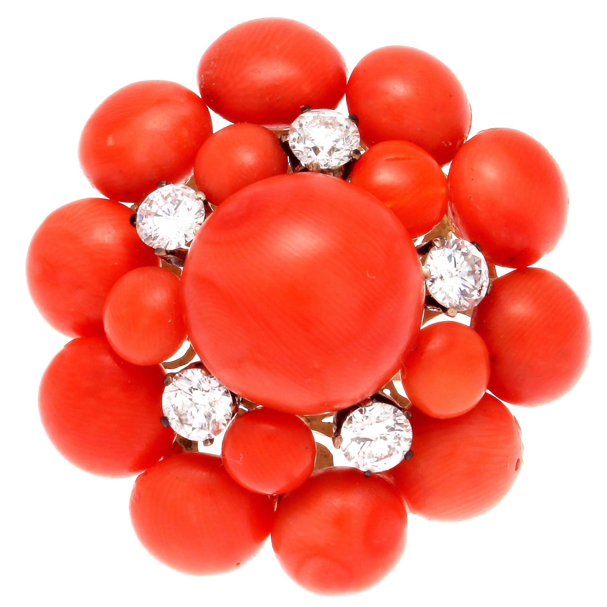 Coral Diamond Gold Ring at 1stDibs