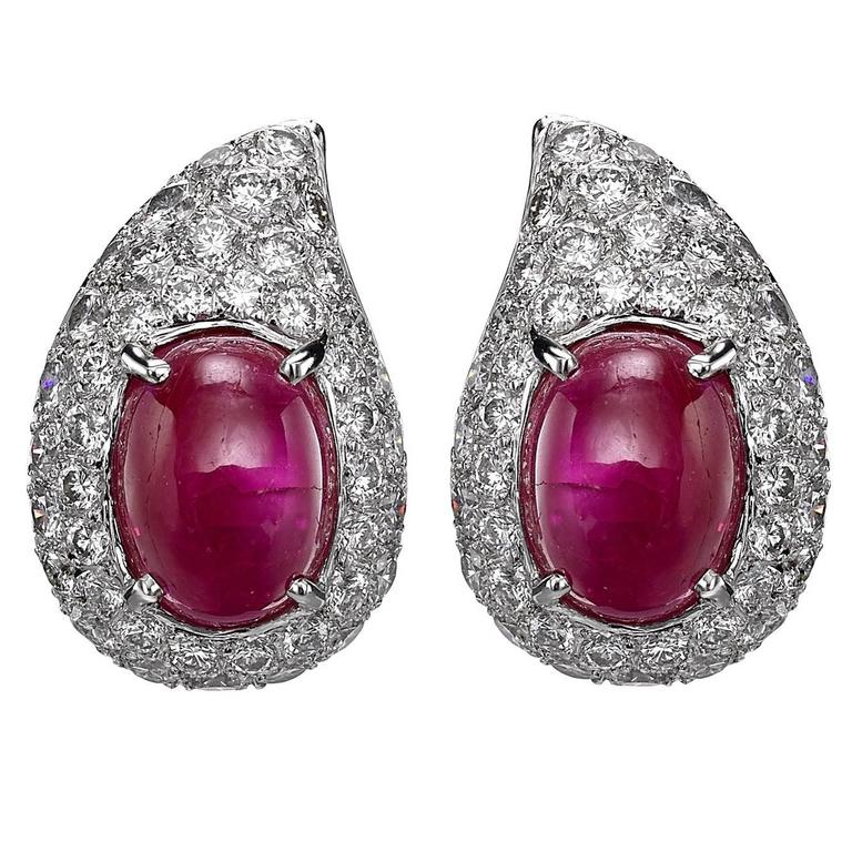 Cartier Cabochon Ruby Diamond Earrings For Sale at 1stDibs