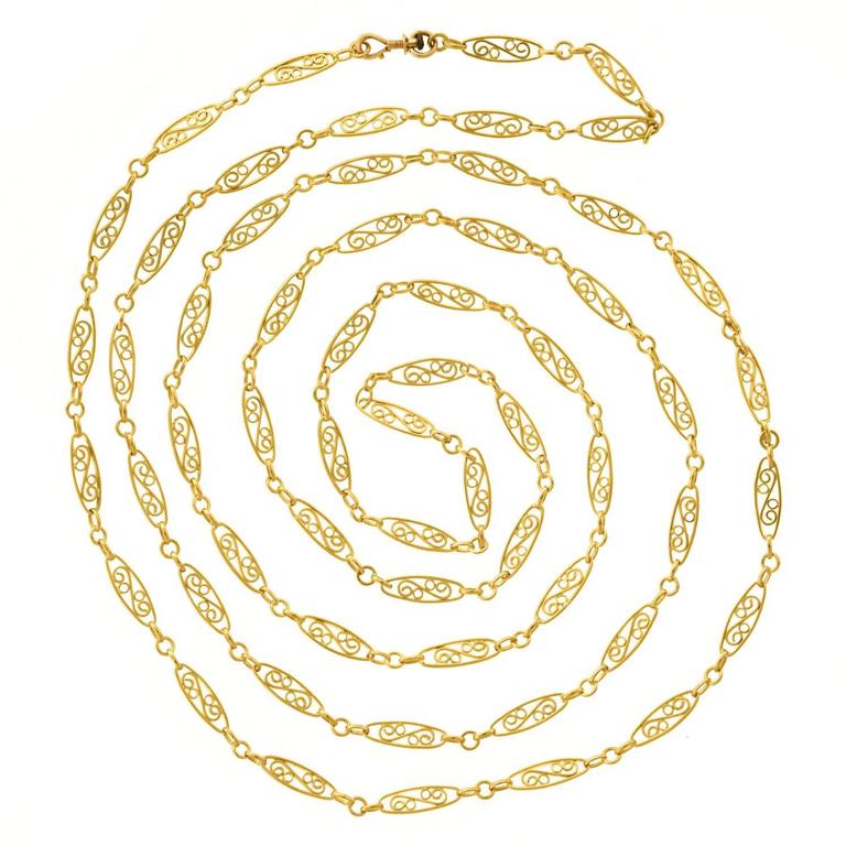 Antique French 60-Inch Filigree Gold Necklace For Sale at 1stdibs