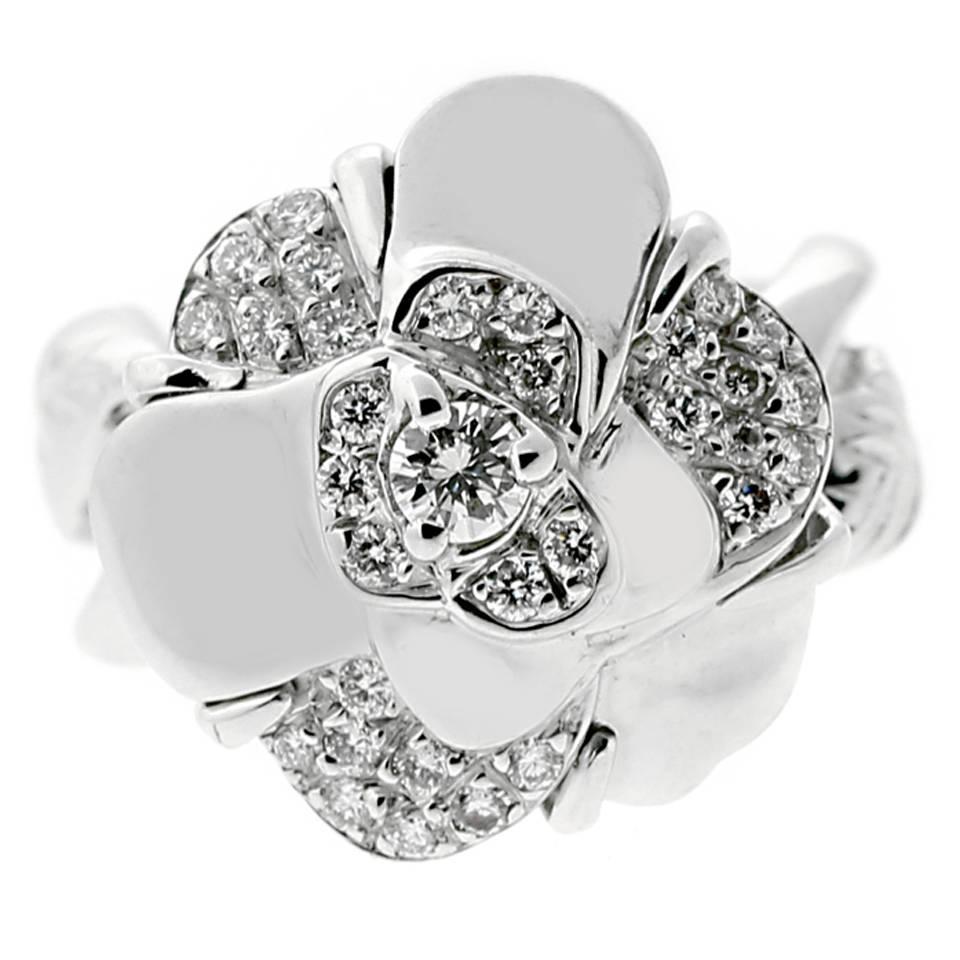 CHANEL Camelia Diamond White Gold Flower Ring at 1stDibs