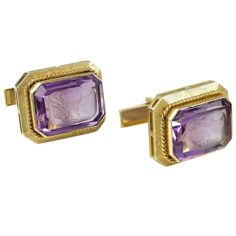 Large Amethyst Gold Cufflinks with Carved Roman Heads For Sale (Free ...