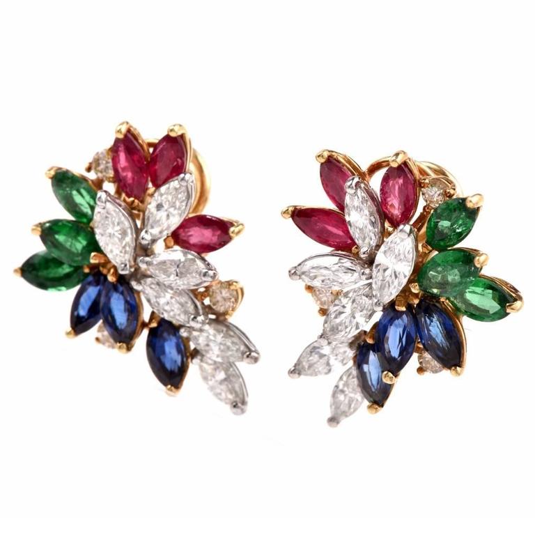 Multi-Gem Ruby Emerald Sapphire Diamond Gold Cluster Earrings at ...