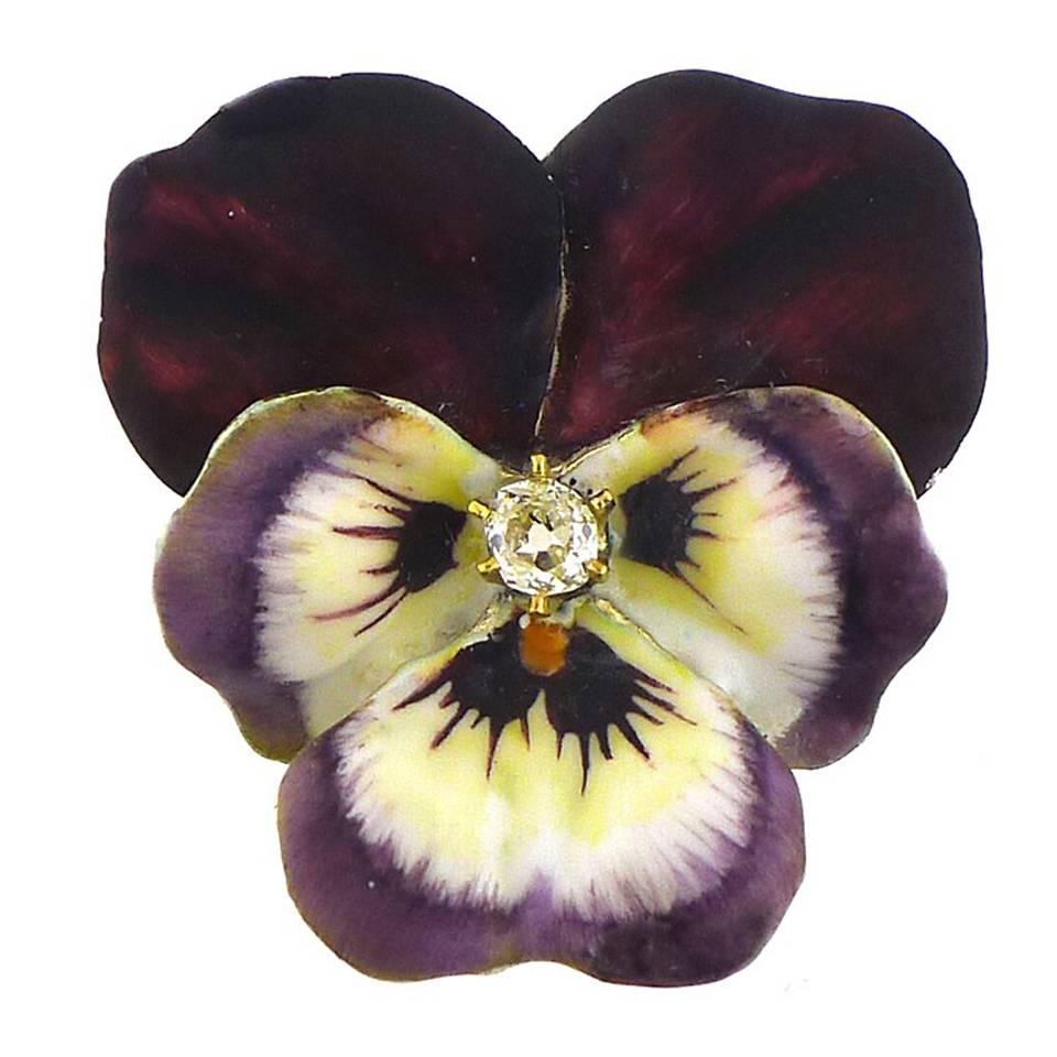 Antique 1890s Hand Painted Enamel gold Flower Pin at 1stDibs