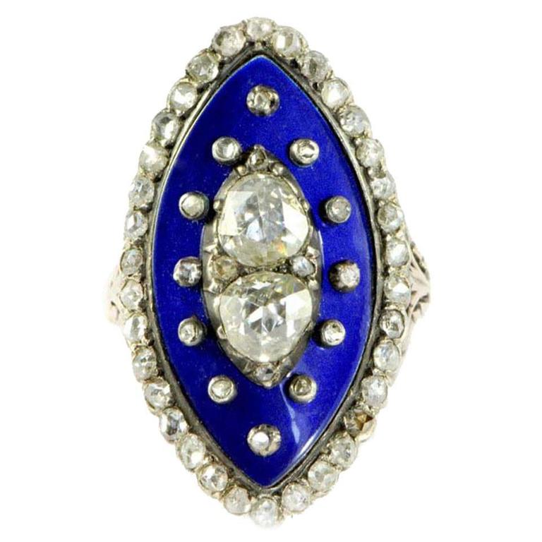 Antique Blue Enamel Diamond Gold Ring at 1stDibs