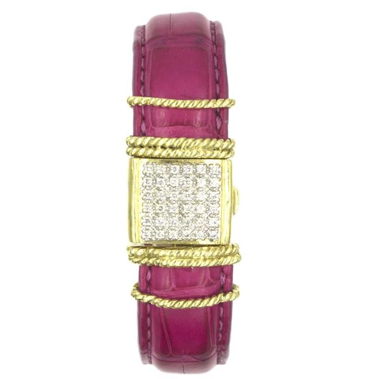 Cassis Diamond 18 Karat Yellow Gold Hot Pink Alligator Bracelet at ...
