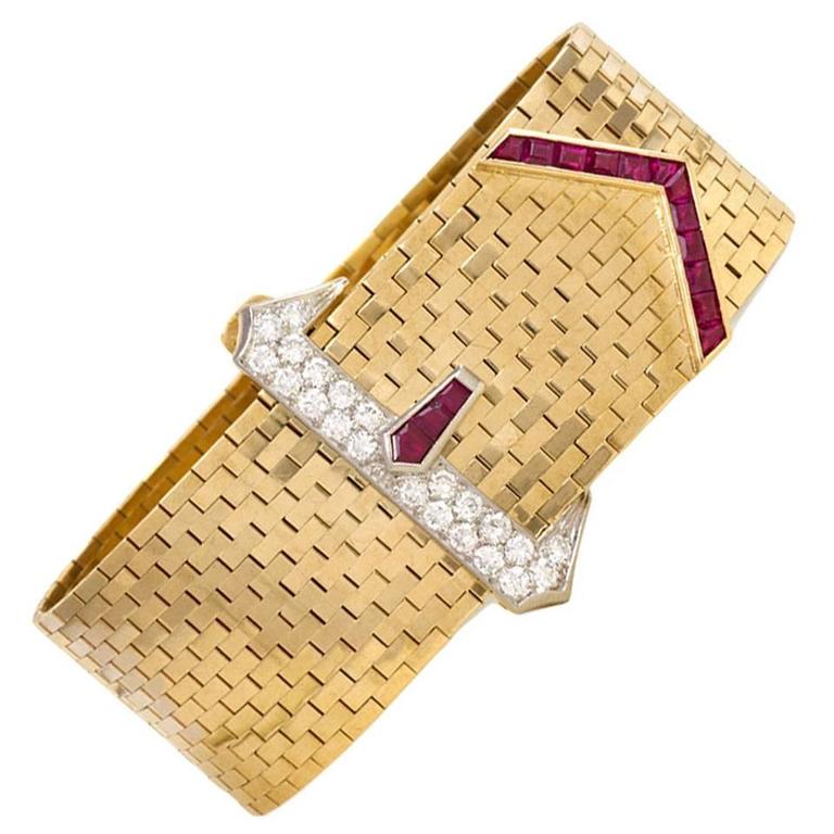 Cartier Retro Ruby Diamond Gold Bracelet at 1stDibs