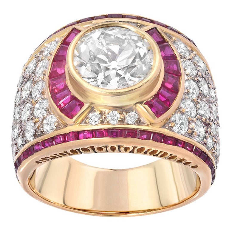 Estate 2.50 Carat European Cut Diamond Ruby Gold Ring For Sale at 1stDibs
