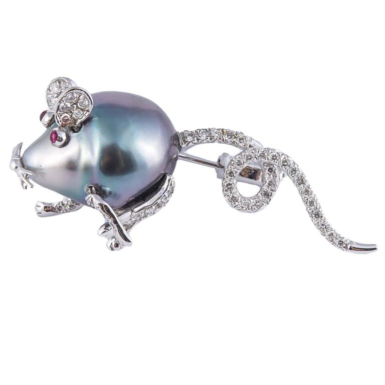 18 Karat Tahitian Baroque Pearl and Diamond Mouse Brooch at 1stDibs