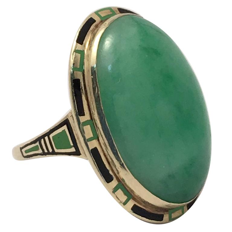 Remarkable Art Deco Enameled Jade Ring For Sale at 1stDibs
