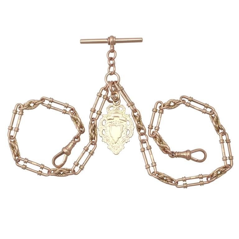 1902 9k Rose Gold Double Albert Watch Chain and Shield Fob at 1stDibs ...