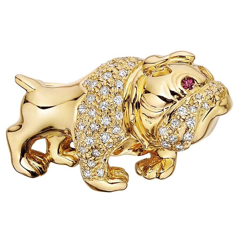 Yellow Gold and Diamond Bulldog Pin at 1stDibs