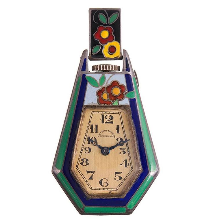 Art Deco Silver Enamel Watch Pendant at 1stDibs
