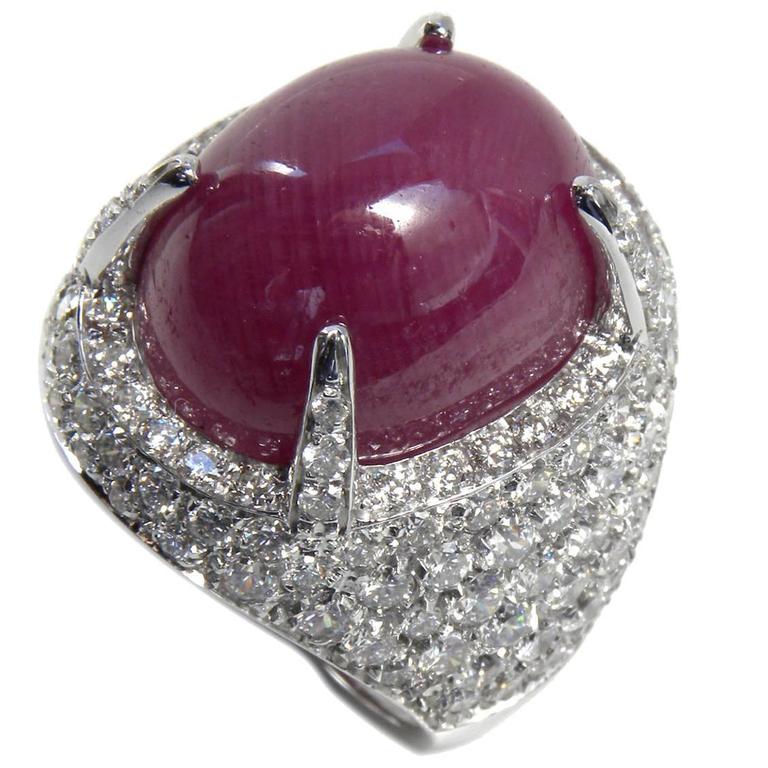 Natural Ruby Cabochon and Diamonds Pavé Cocktail Ring at 1stDibs