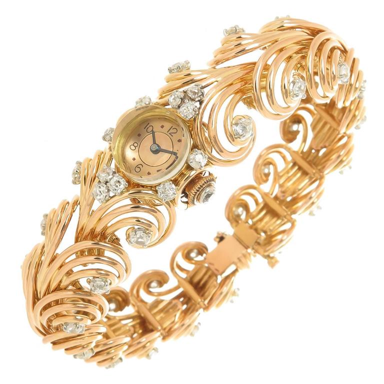 Van Cleef and Arpels France Gold and Diamond Retro Wrist Watch at 1stDibs