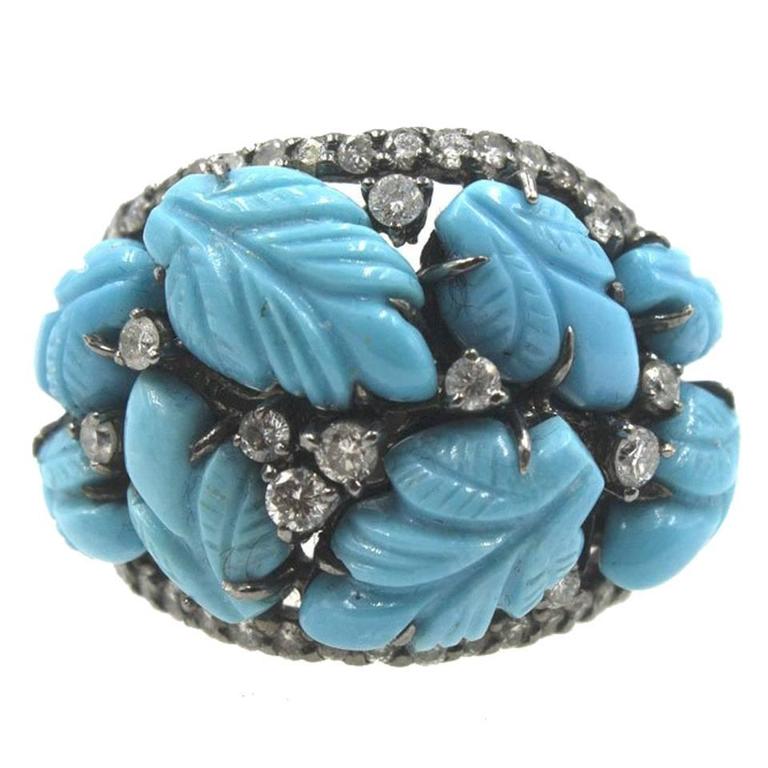 Carved Turquoise Diamond 18 Karat White Gold Fashion Ring For Sale at ...