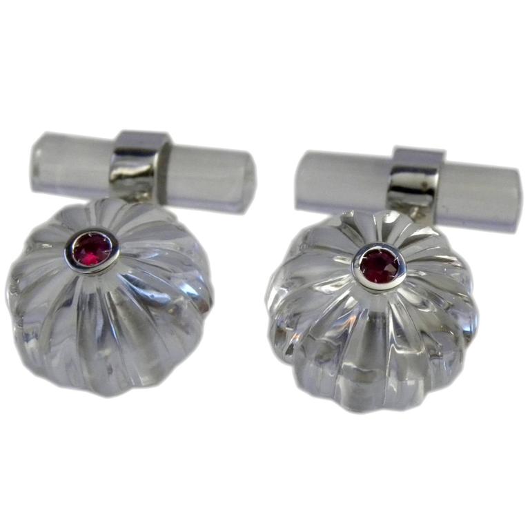 Hand Inlaid Natural Rock Crystal Cabochon Natural Ruby Gold Cufflinks ...