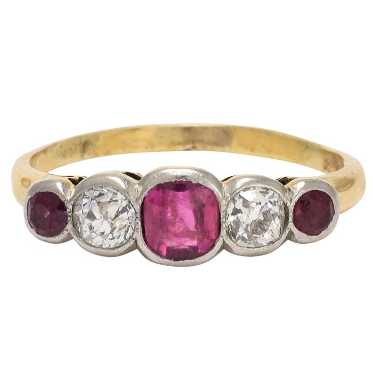 Edwardian Ruby Diamond 5-Stone Ring at 1stDibs | edwardian 5 stone diamond ring, five stone ...