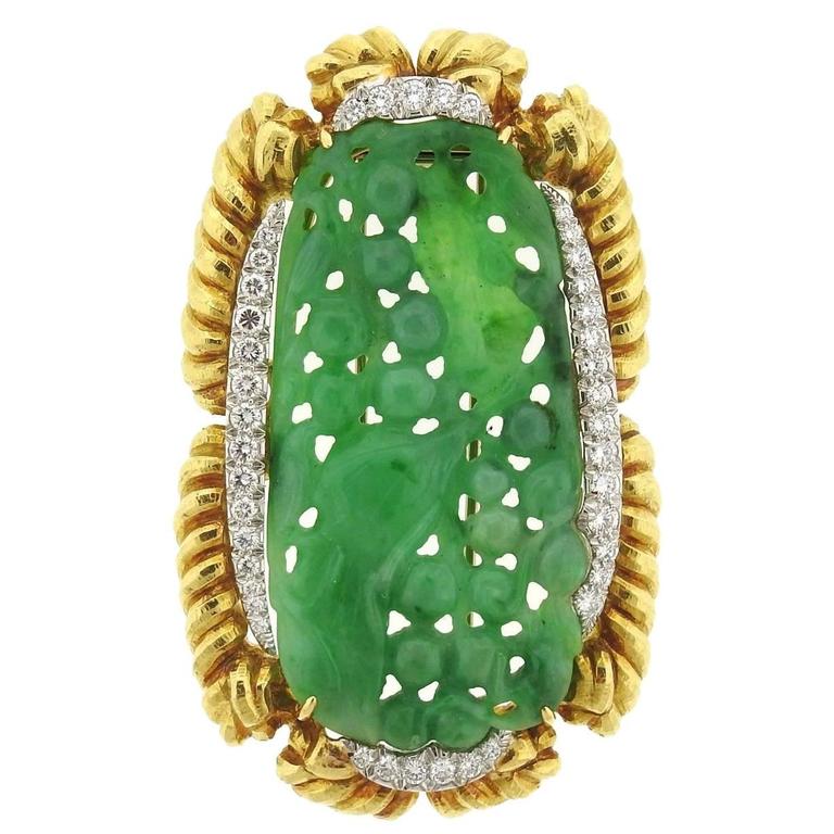 David Webb Carved Jade Diamond Gold Platinum Brooch Pendant at 1stDibs