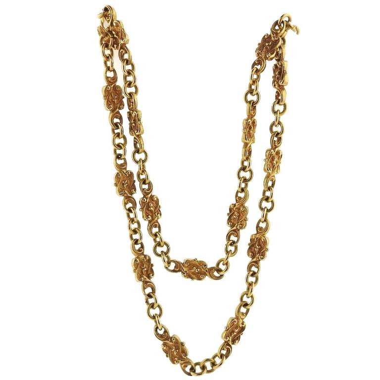 Antique Art Nouveau Gold Long Chain Necklace For Sale at 1stdibs