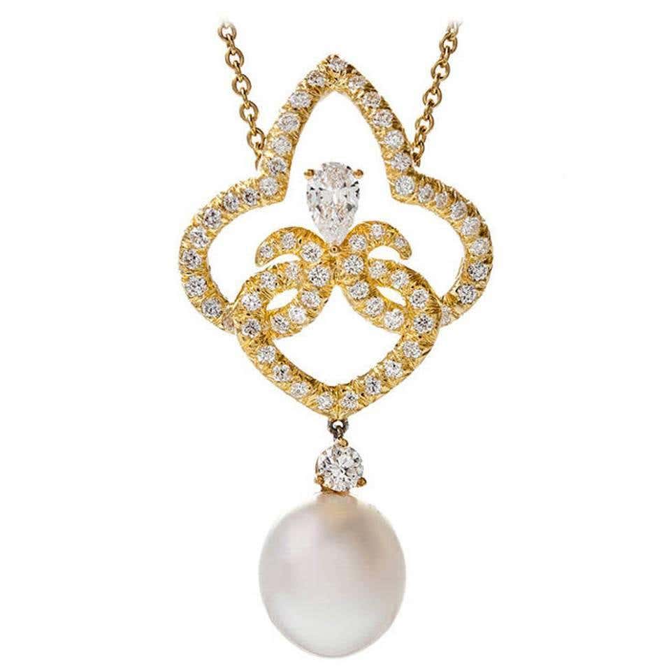 Stylized Fleur De Lis Drop Pearl Diamond Gold Pendant For Sale At 1stdibs