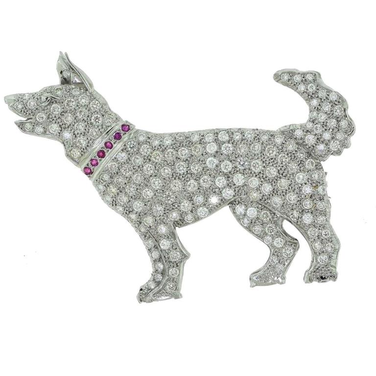 Platinum Large Diamond Dog Brooch Pin with Ruby Collar For Sale at 1stDibs