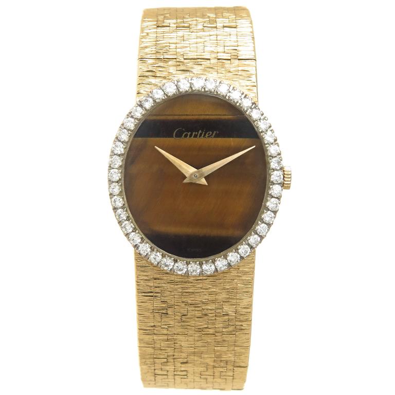 Cartier by Piaget Ladies Yellow Gold Diamond Tiger Eye manual wind Wristwatch For Sale at ...