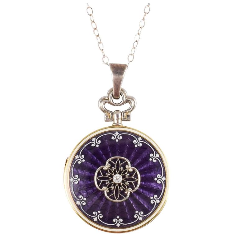 Edwardian Purple Guilloché Enamel Diamond Locket at 1stDibs