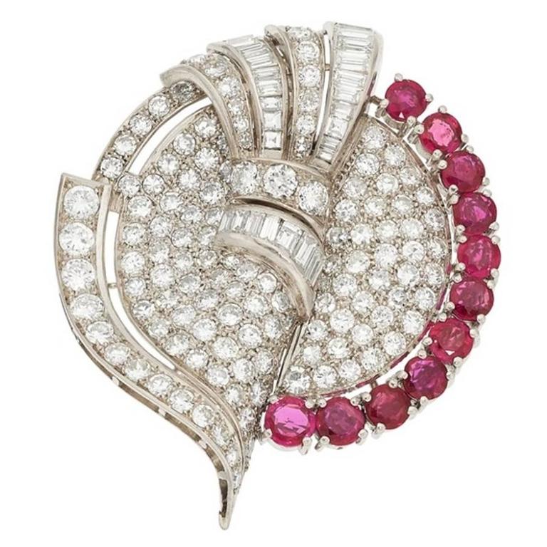 Art Deco Diamond Ruby Platinum Double Clip Brooch at 1stDibs
