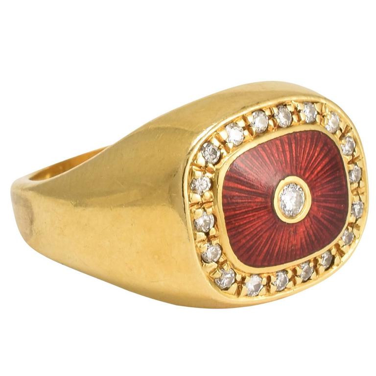 Vintage Red Enamel Diamond Signet Ring at 1stDibs