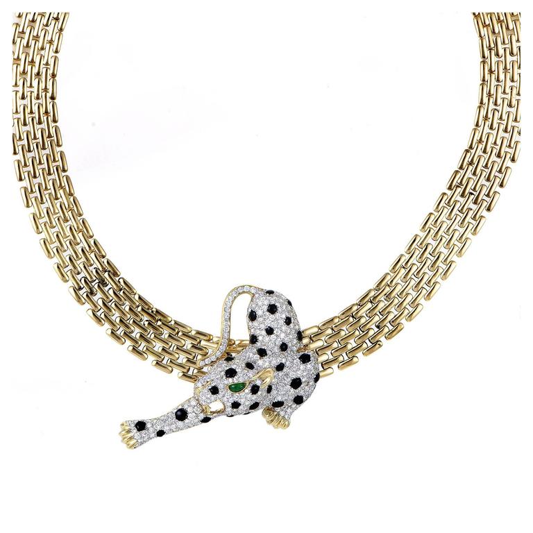 Diamond Pave Snow Leopard Brooch Pendant and Gold Necklace at 1stDibs