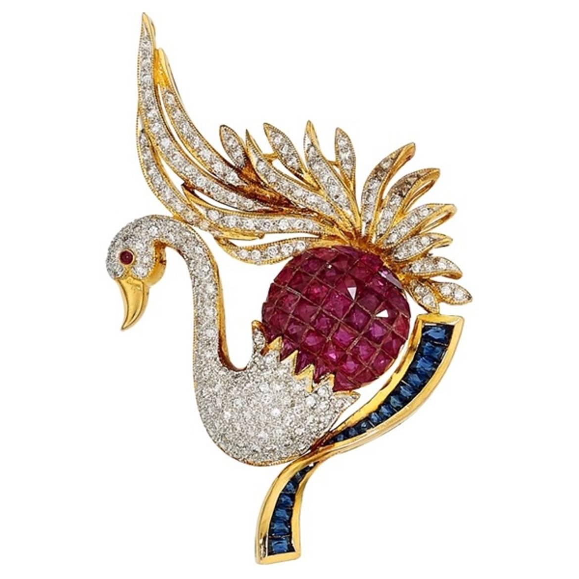 Ruby Sapphire Diamond Gold Swan Brooch at 1stDibs