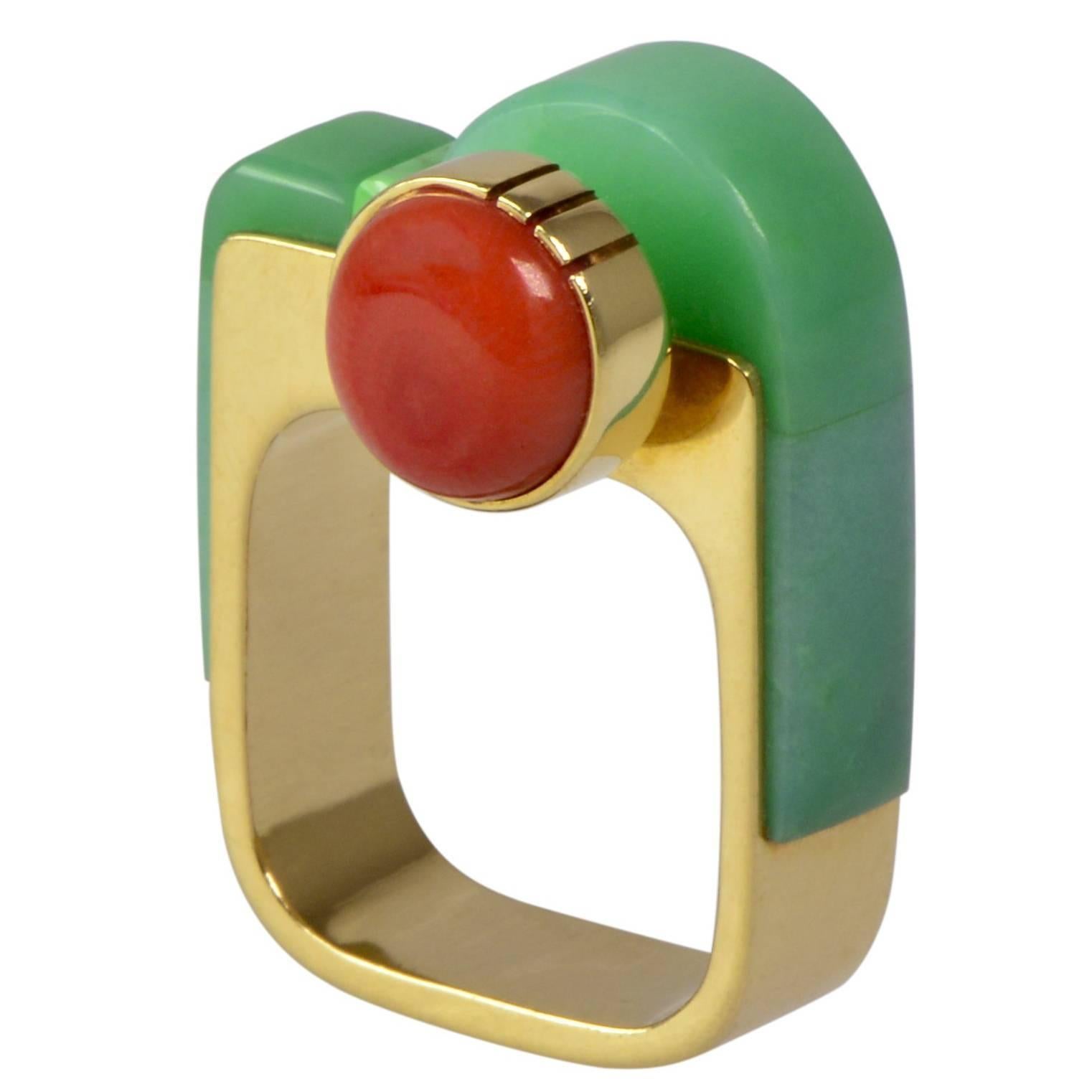Richard Chavez Turquoise Coral Gold Modernist Ring at 1stDibs | richard ...