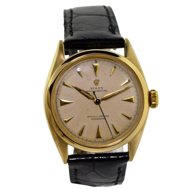 Rolex Yellow Gold Waffle Dial Oyster Perpetual Bombe Wristwatch Ref ...