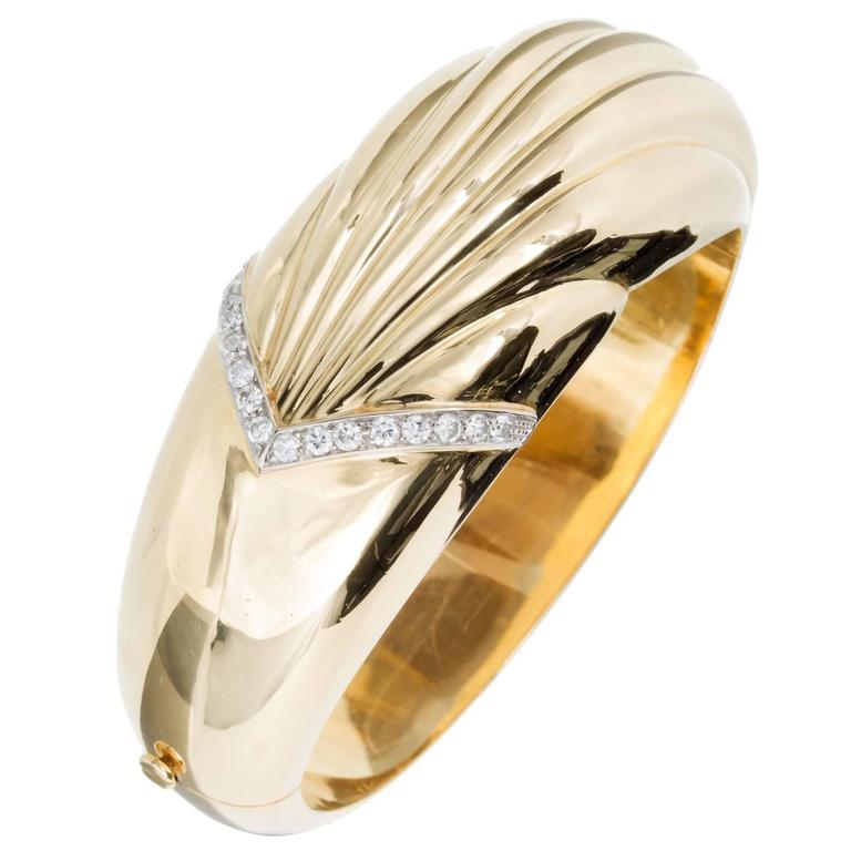 Diamond Gold Wide Bangle Bracelet For Sale at 1stDibs