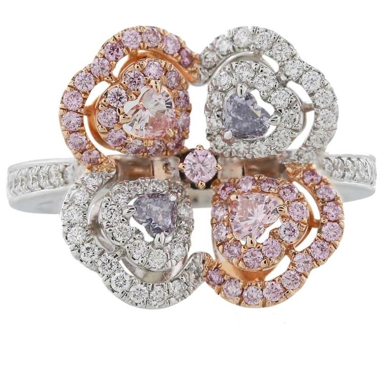 1.12 Carat Pink and Gray Blue Diamond Clover Heart Clover Ring For Sale ...