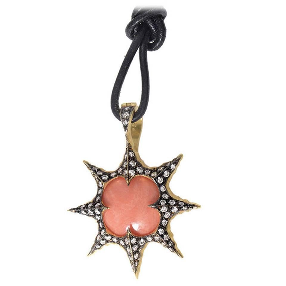 Cathy Waterman Coral Diamond Gold Sunburst Pendant Necklace at 1stDibs