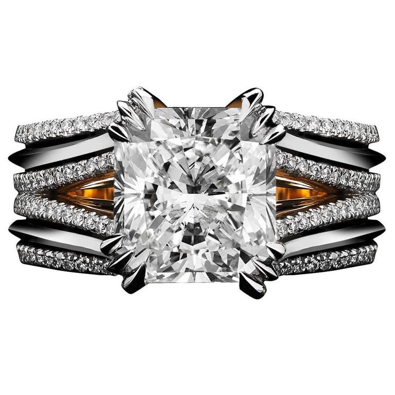 Alexandra Mor Double-Shank Floating Radiant-Cut Diamond Gold Platinum ...