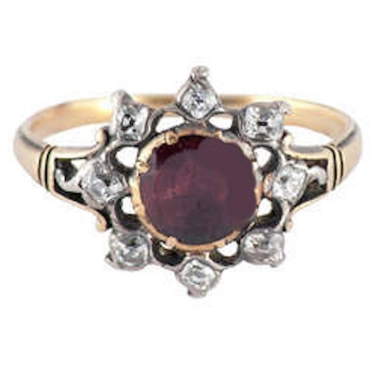 Antique Almondine Garnet Diamond Silver Gold Cluster Ring For Sale at ...