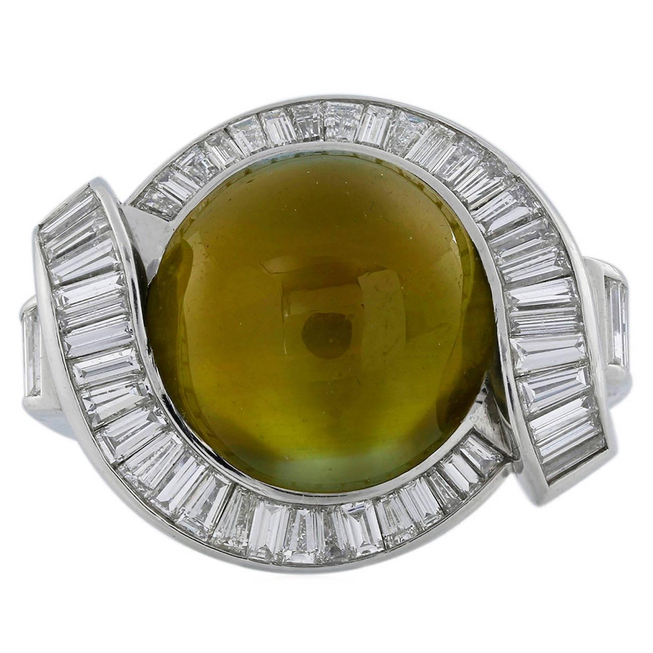 Cat's Eye Chrysoberyl Diamond Platinum Cluster Ring at 1stDibs