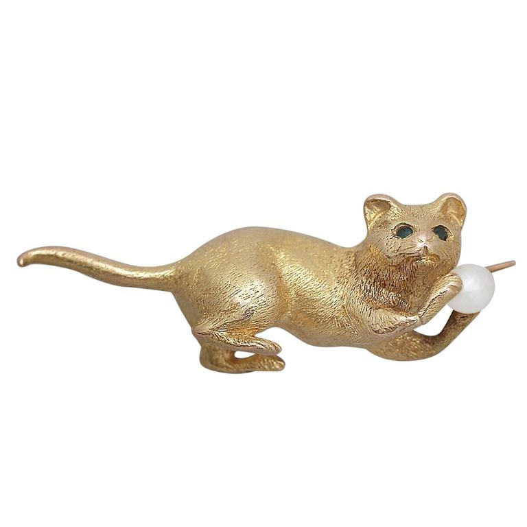 Emerald and Pearl, 18k Yellow Gold 'Cat' Brooch - Antique Victorian at ...