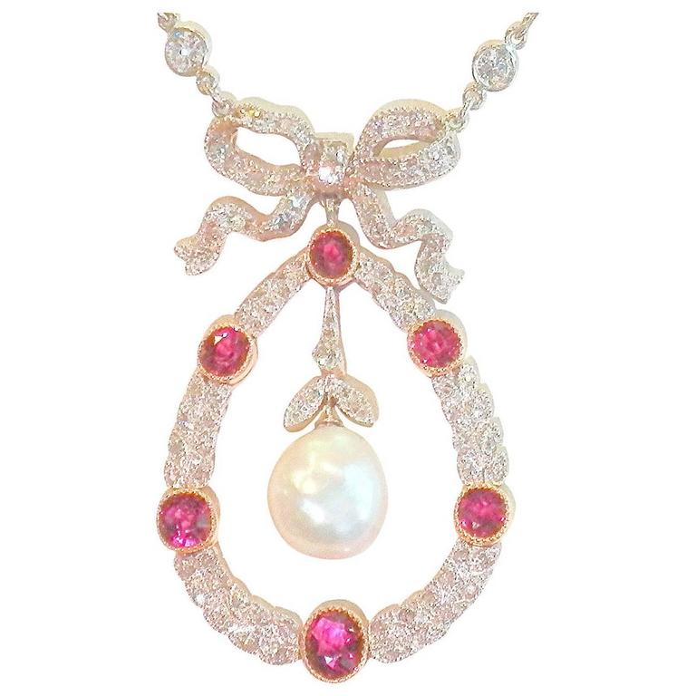 Edwardian Natural Pearl Ruby Diamond Platinum Pendant For Sale at 1stDibs