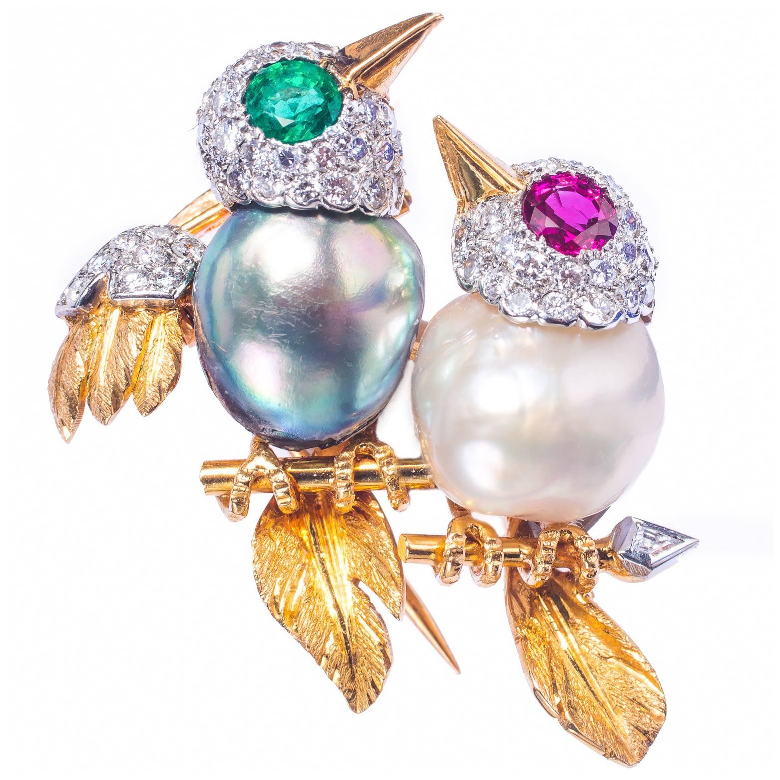 Cartier Paris Charming Diamond Pearl Love Birds On Branch Pin For Sale ...