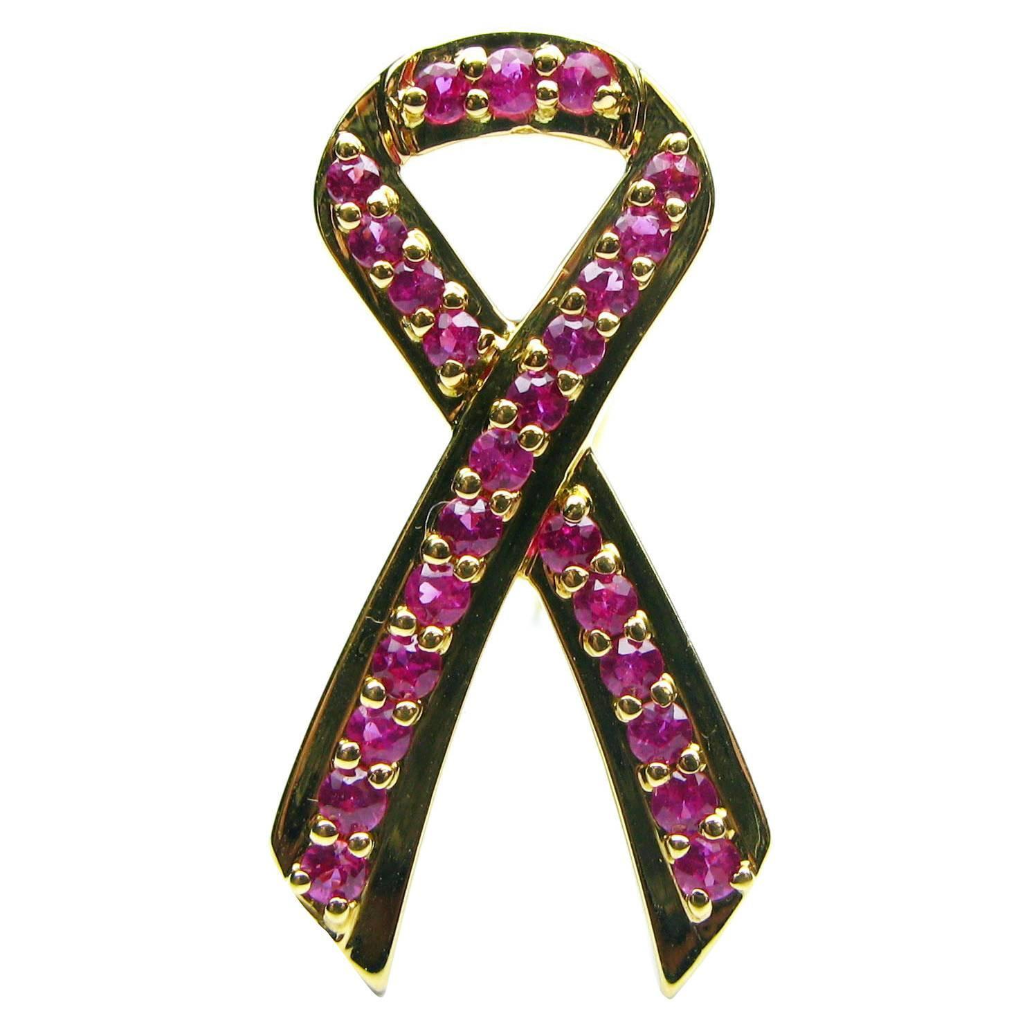 Pink Sapphire Gold Breast Cancer Awareness Pin at 1stdibs