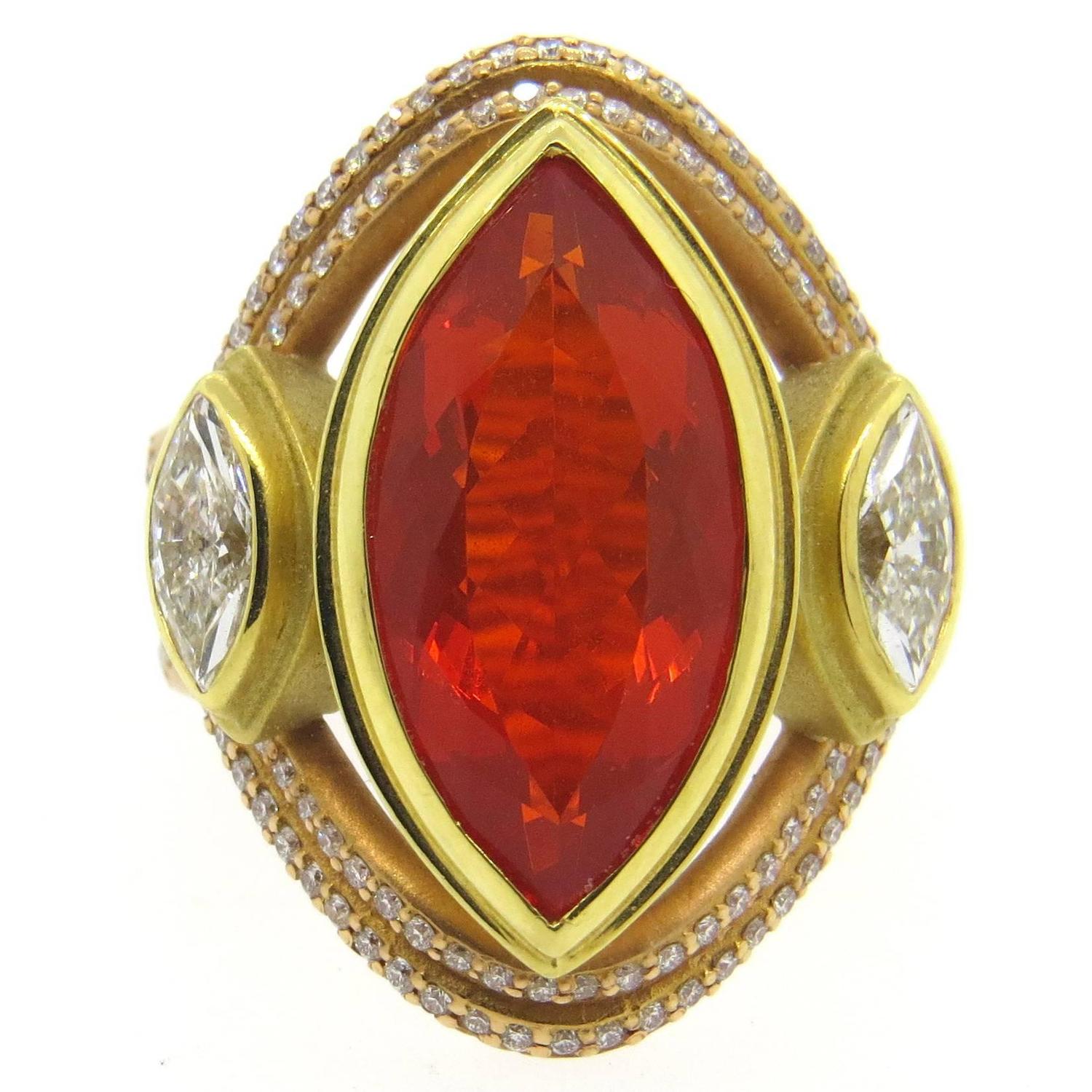 Impressive Sam Lehr Mexican Fire Opal Diamond Gold Ring at 1stdibs