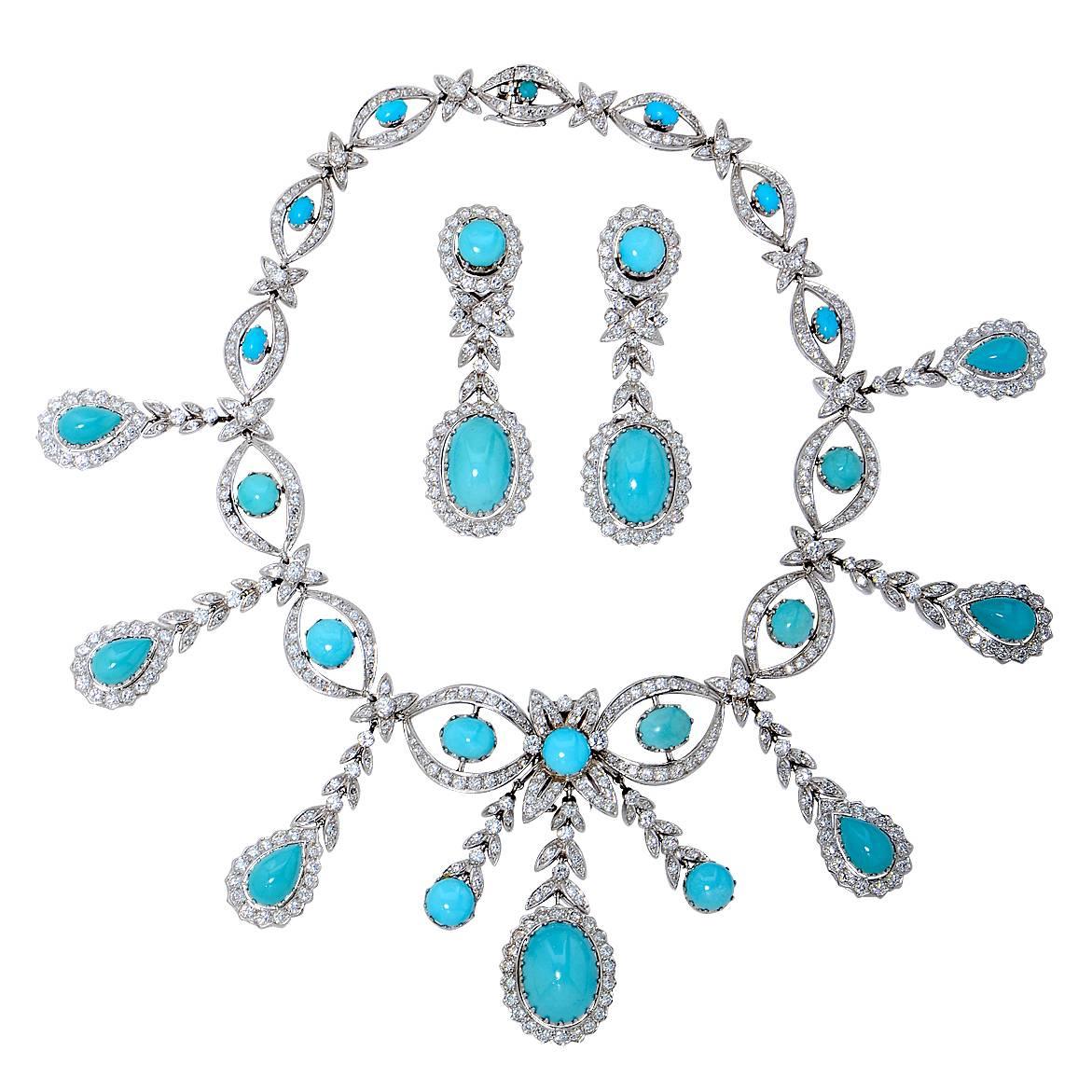 Turquoise Diamond Platinum Necklace and Earrings Set at 1stDibs