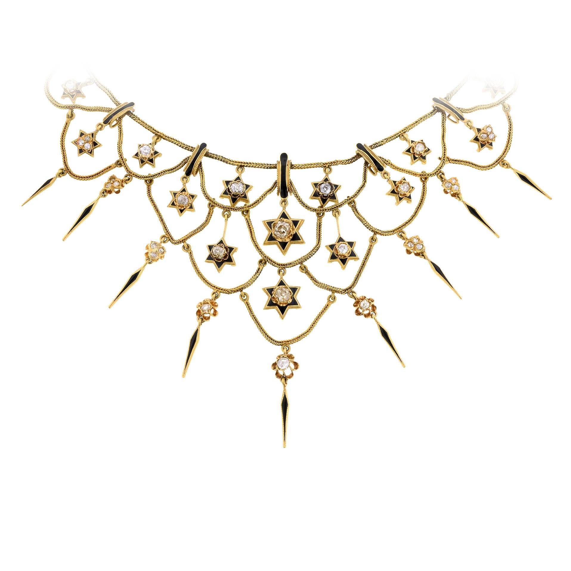 French Antique Diamond Festoon Necklace with 20 Diamonds at 1stDibs