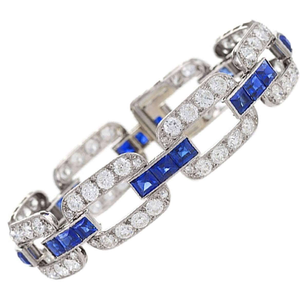 Cartier Art Deco Sapphire Diamond Platinum Link Bracelet For Sale at ...