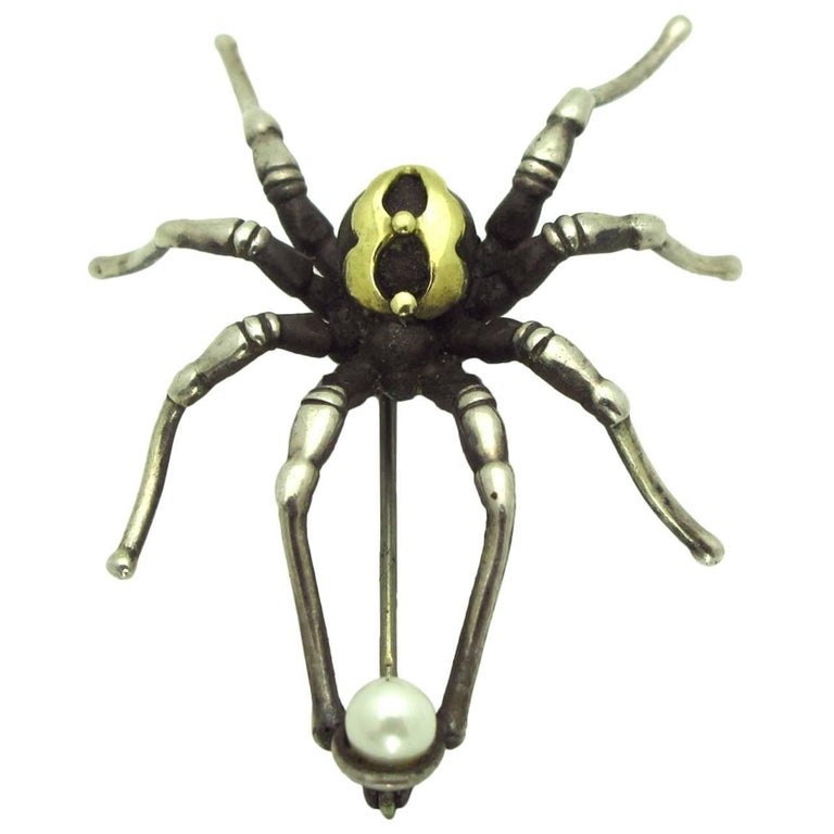 Pearl Silver Gold Spider Brooch at 1stDibs | spider broach