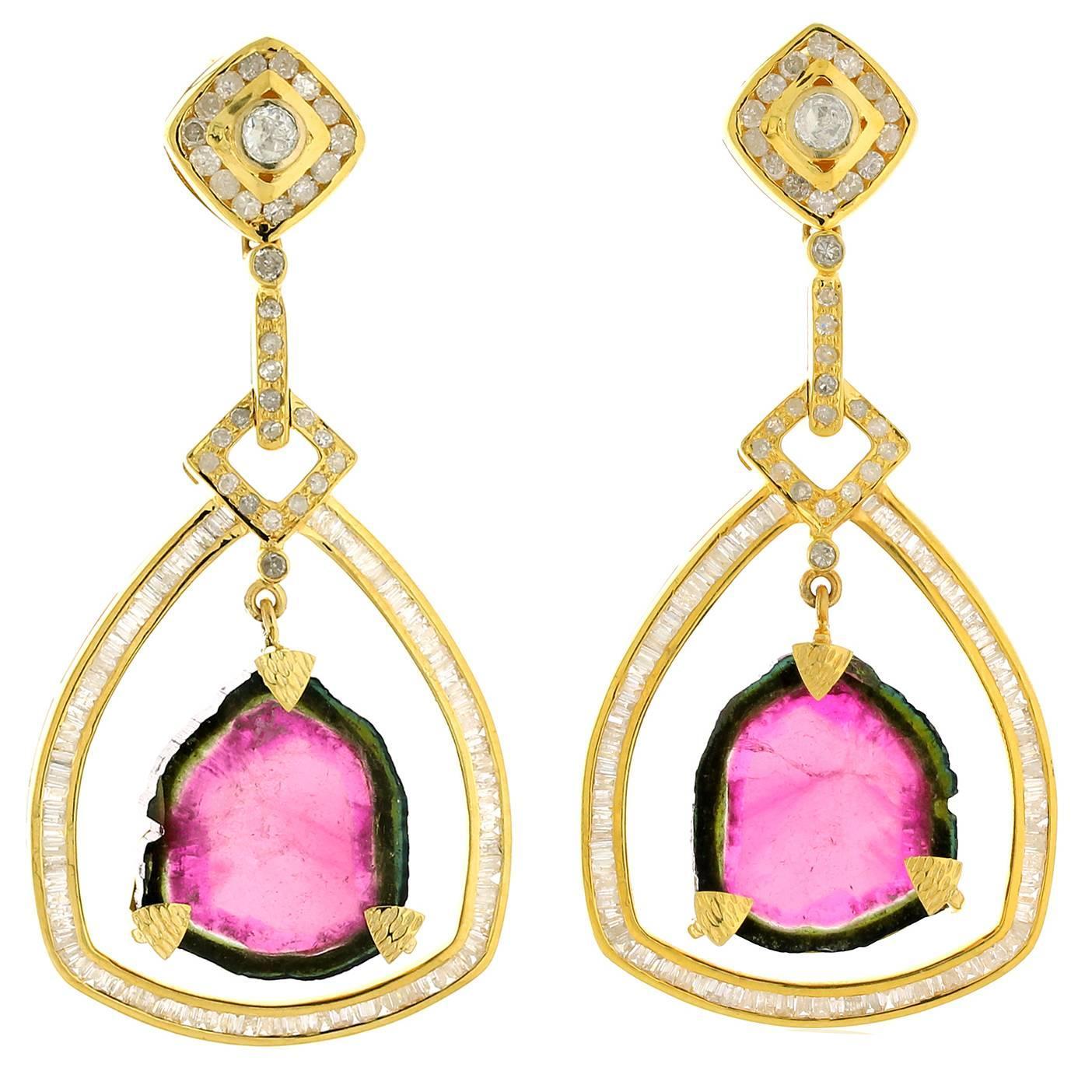 Trillion shape Watermelon Tourmaline Diamond gold Dangle Earrings at ...