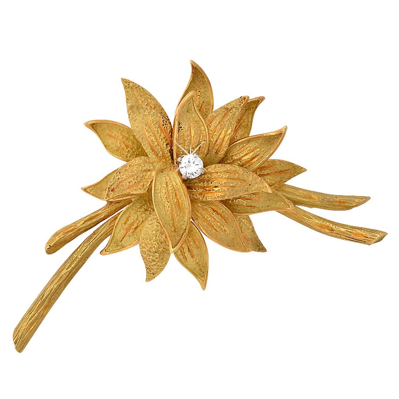 Tiffany and Co. diamond Gold Flower Pin at 1stdibs